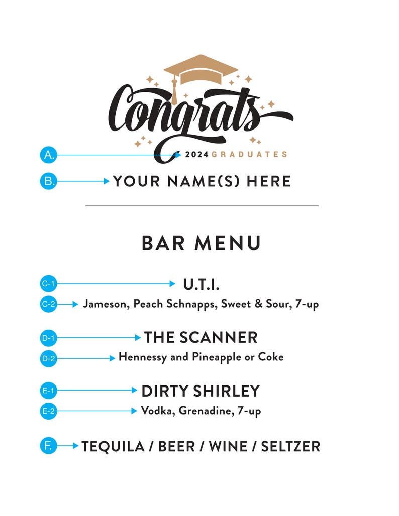 Custom Graduation Party Drink Menu in White With Black and Gold Theme ...
