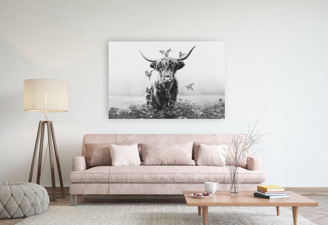 White Highlander Landscape Art Print, Animal Metal Wall Mural, Nature ...