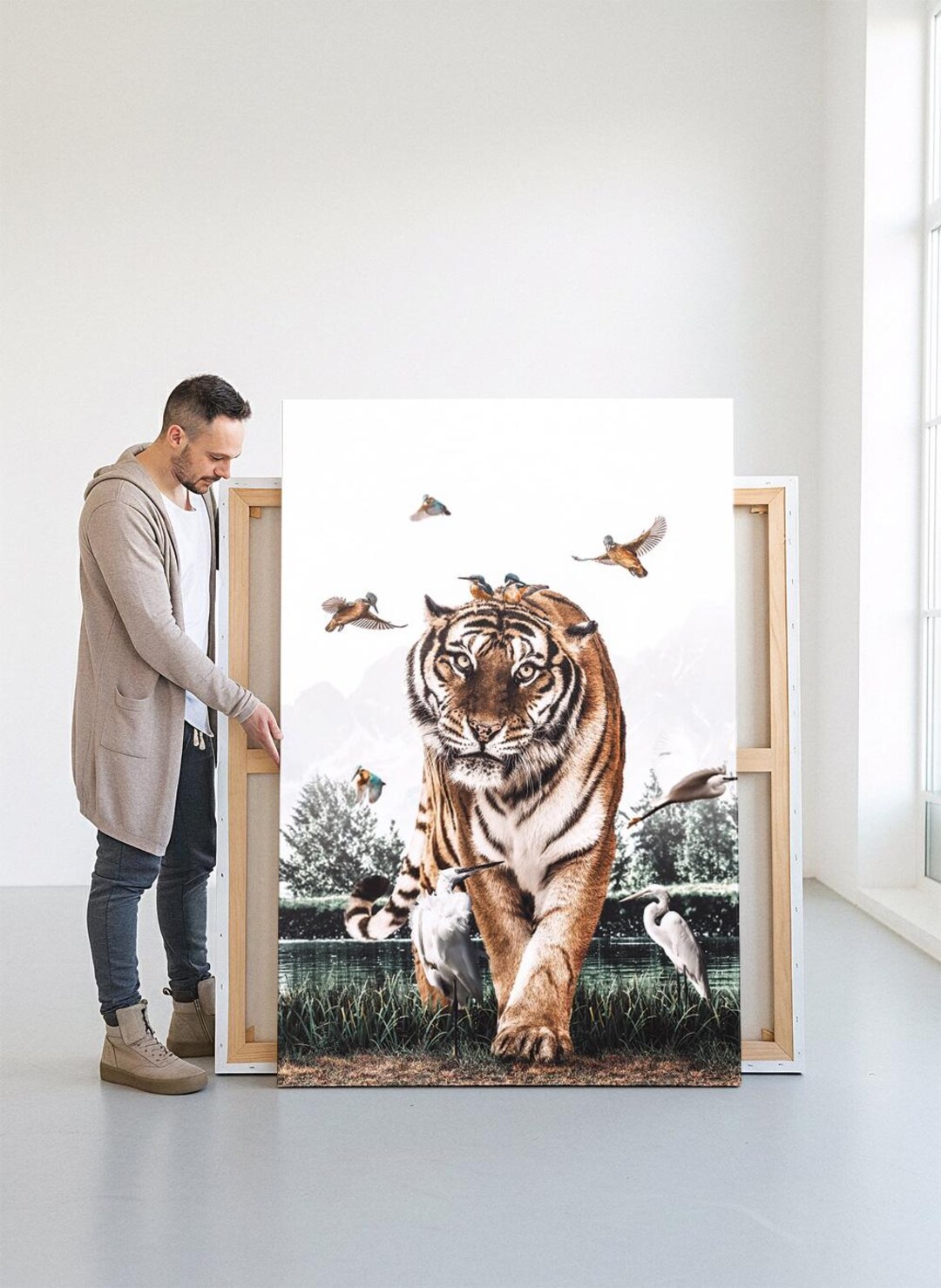 Canvas Art Print - Tiger in Meadow With Birds - Unique Artwork by Posterjunkie - Etsy