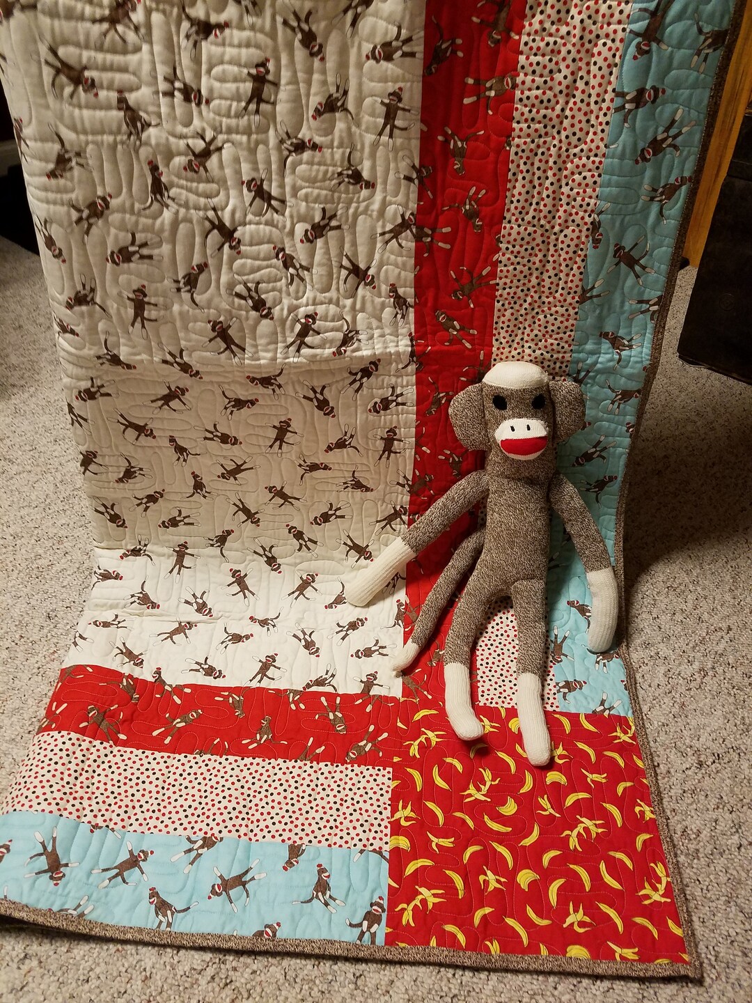Sock Monkey Quilt, Handmade Quilt, Homemade Quilt, Cotton Quilt, Quilt ...