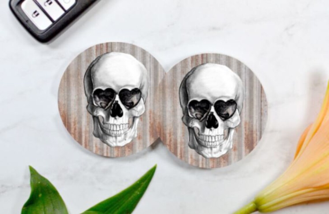 Wooden Tin Floral Skull Car Coasters set of 2 Rubber or - Etsy
