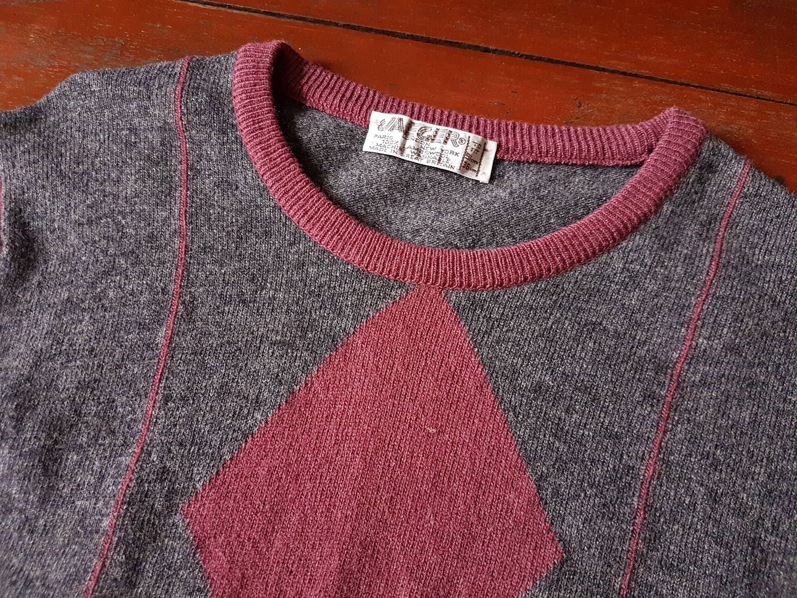 Vintage 80s Jaeger Argyle Geometric Sweater Red Burgundy Gray Lambswool ...
