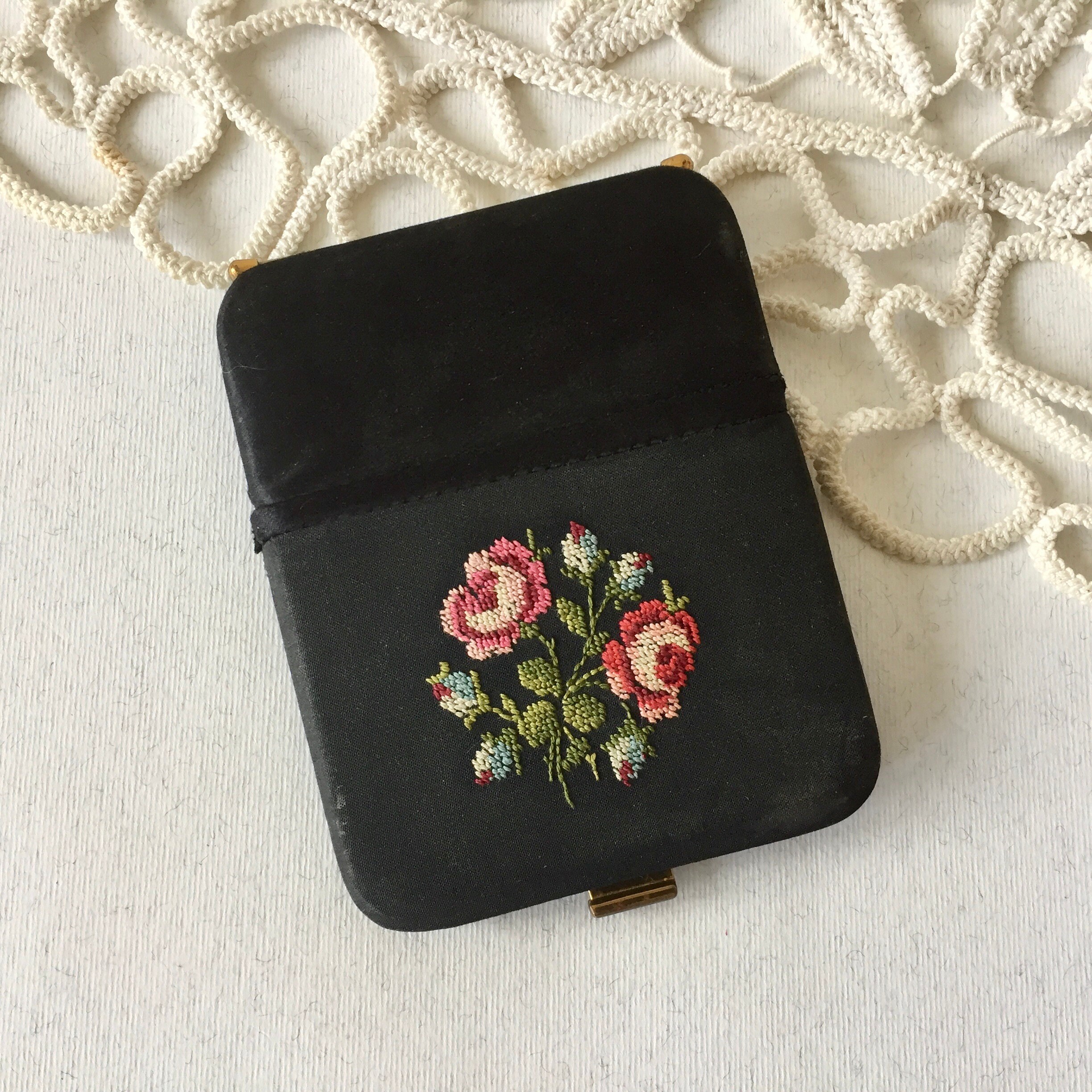 Vintage Black Silk Petit Point Compact Mirror Powder Card Case With ...