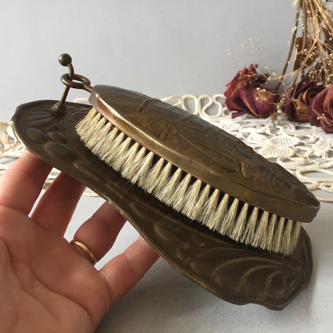 Vintage Bristle Brass Clothing Brush & Metal Brass Wall Hanging Holder ...
