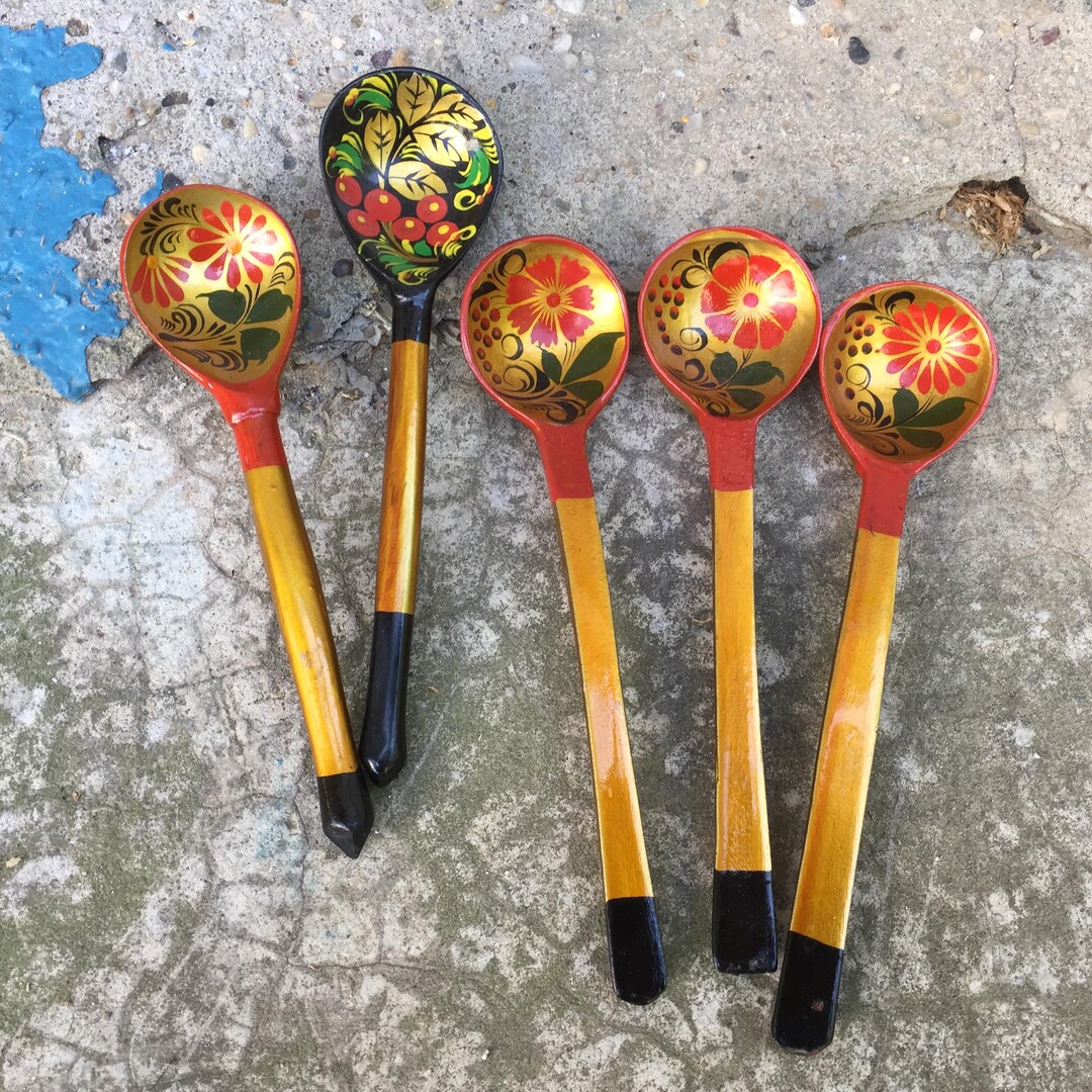 Vintage USSR Russian Folk Art Hand Painted Wooden Spoons Souvenir Set ...