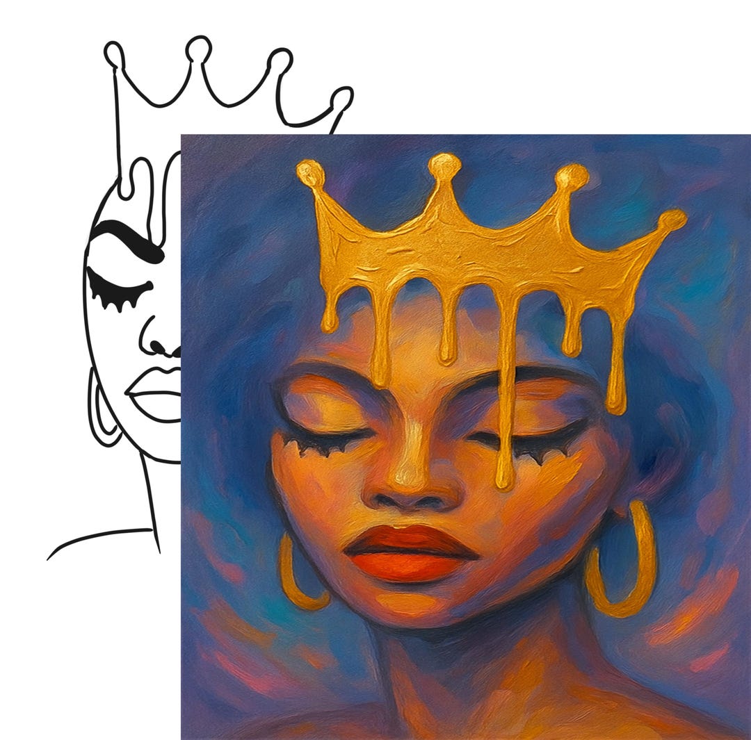 Melting Gold Crown Queen Sip & Paint Canvas | Black Woman Art Pre-drawn ...