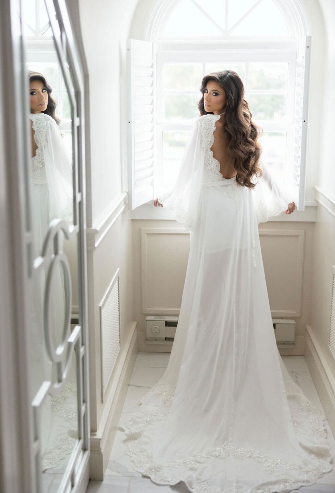 The Alisha Open Back Bridal Robe With Crochet Trim & Beading - Etsy