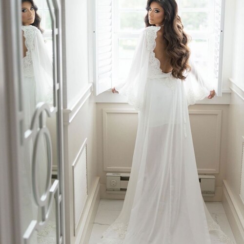 The Alisha Open Back Bridal Robe With Crochet Trim & Beading - Etsy