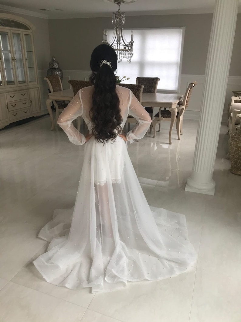 The Perla Mesh Bridal Robe With Pearls - Etsy