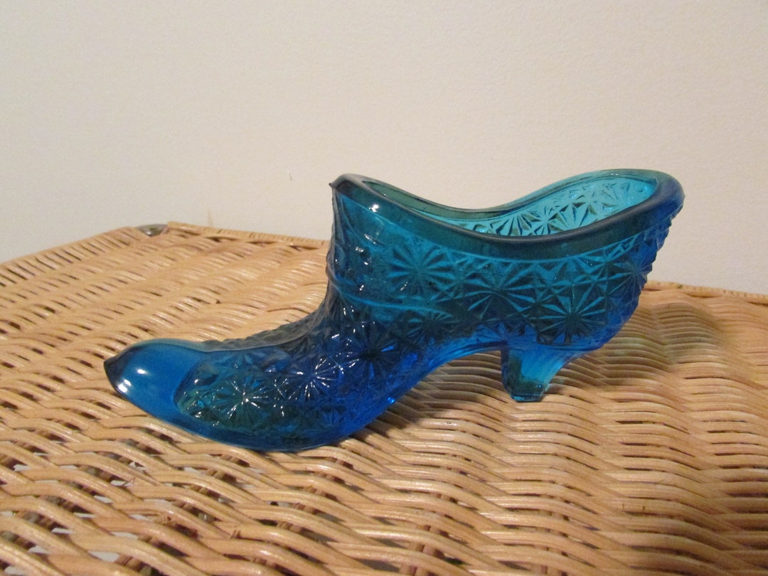 Vintage Fenton Daisy and Button Blue Glass Shoe, Victorian Style Shoe ...