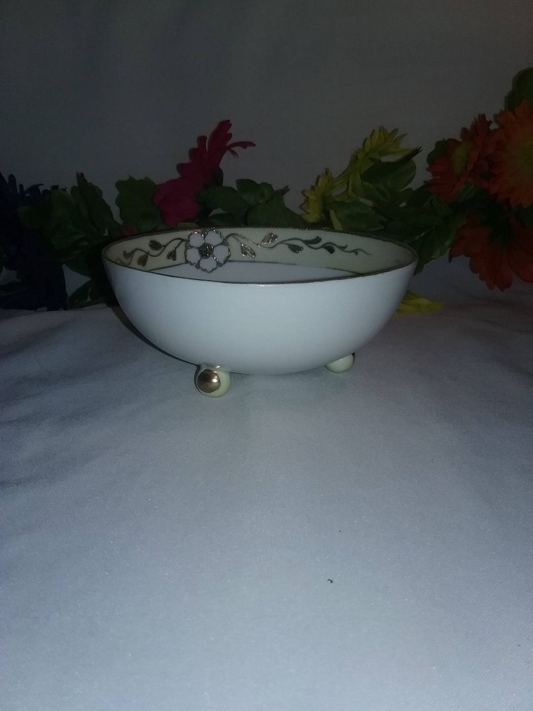 Antique Nippon Three Footed Bowl With Gold Trim and Flowers. Green ...