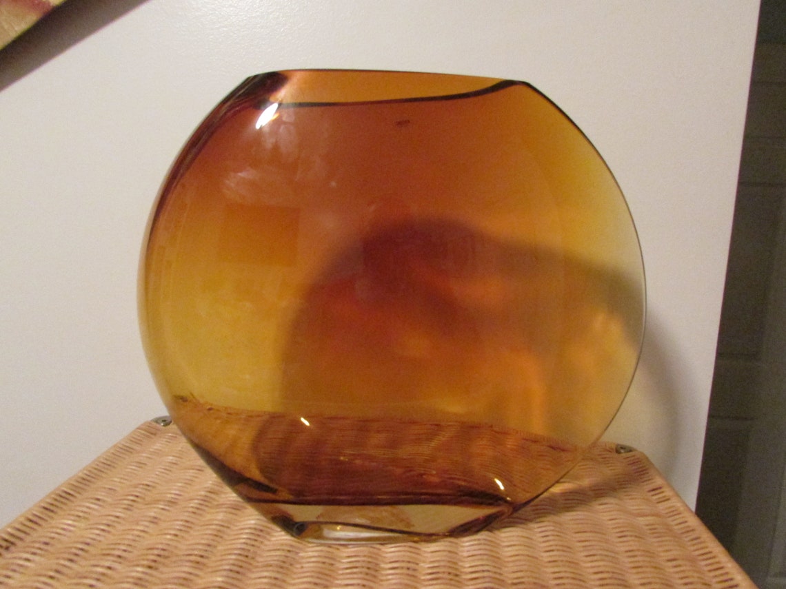 Large Krosno Poland Round Teardrop Thick Art Glass Amber Vase - Etsy