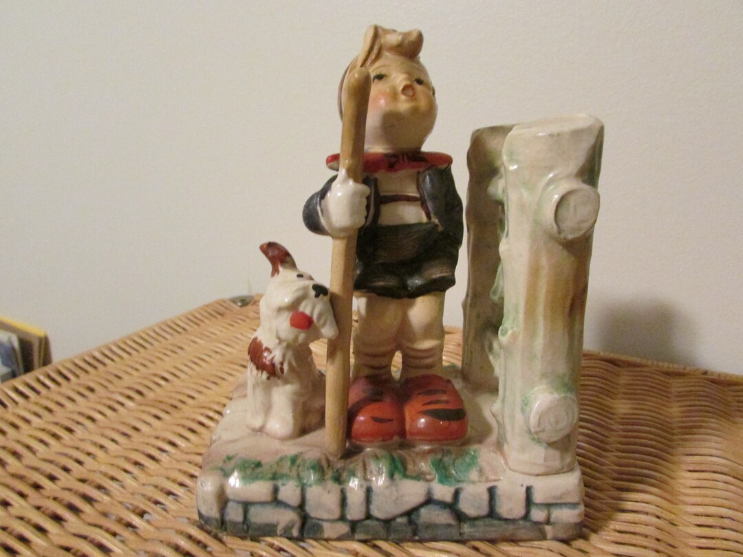 Antique Hand Painted Hummel Like Bookend of a Little Hiker and Dog ...