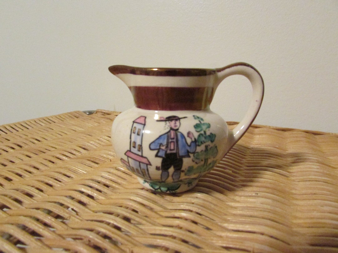 Antique Grey's Pottery Lusterware Mini Pitcher With Man, Tree and ...