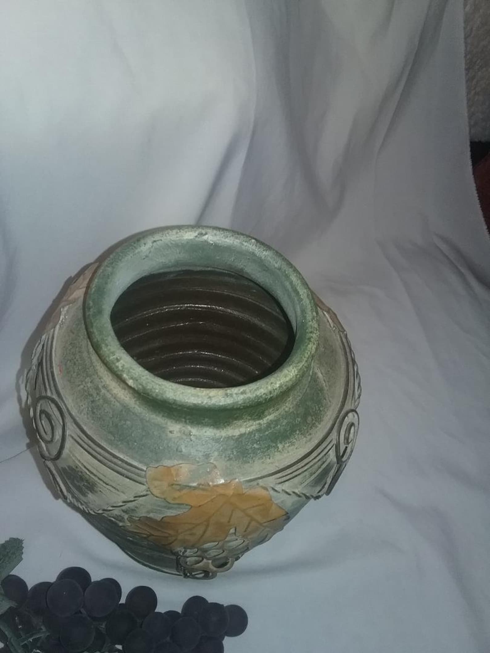 Rare Vintage Green Pottery Vase With Grape Metal Designrustic - Etsy