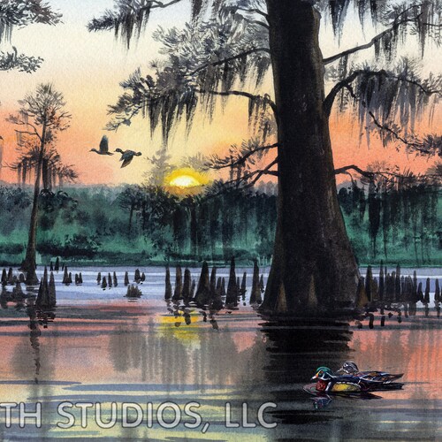 Louisiana Art Print Swamp Scene Sunset Cabin Cypress Wood Etsy