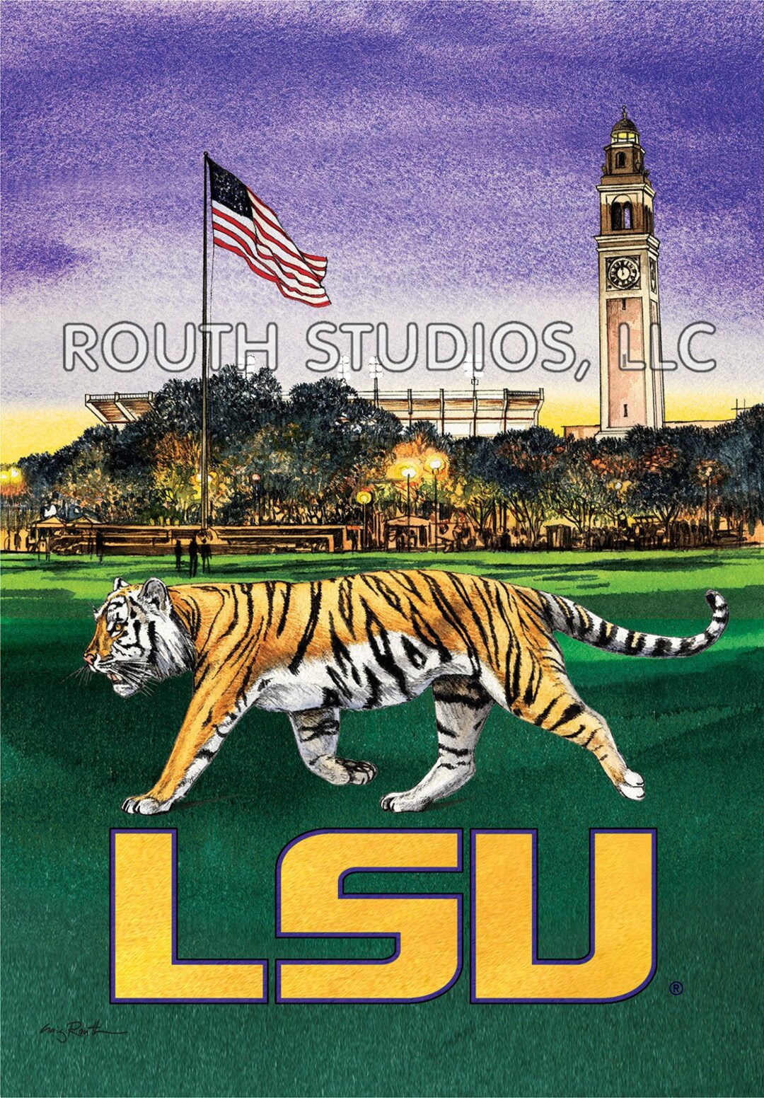 LSU Art Print, Mike the Tiger on the Parade Ground With Memorial Tower ...