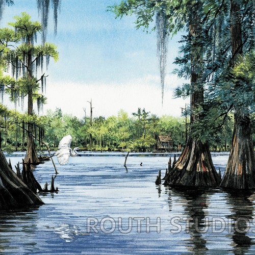 Louisiana Art Print Swamp Scene Sunset Cabin Cypress Wood Etsy