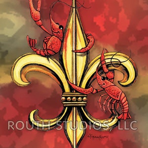 Louisiana Art Print, Crawfish Fleur-de-lis, Whimsical Cajun Louisiana ...