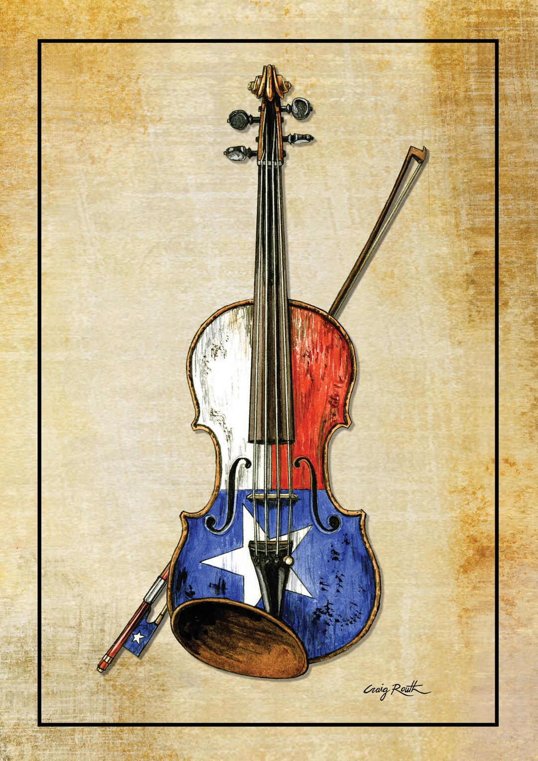 Texas Lone Star Flag Fiddle, Texas Music - Art by Craig Routh - Etsy