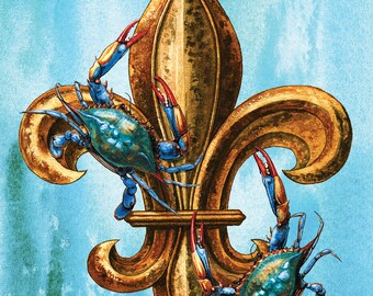 Louisiana Art Print Alligator Fleur-de-lis Whimsical Cajun | Etsy