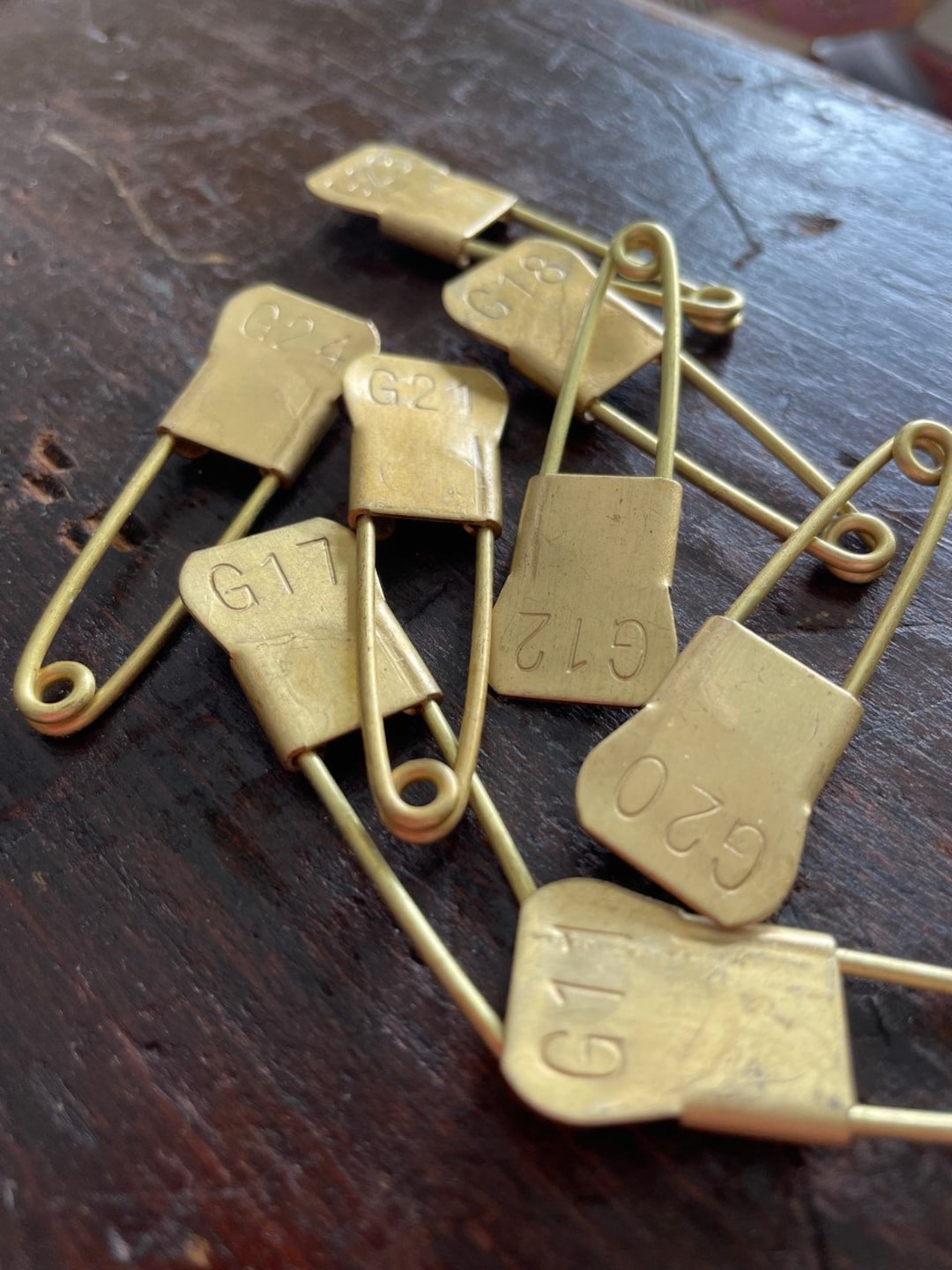 Vintage Brass Safety Pins . Large Brass Pins . Set of Four . Military Laundry Clips . Industrial ...