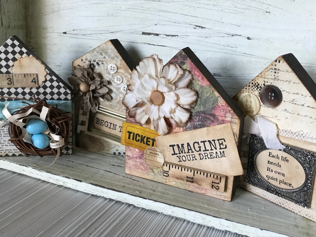 Handcrafted Houses . Mixed Media . Wood Block . Collage/altered Art ...