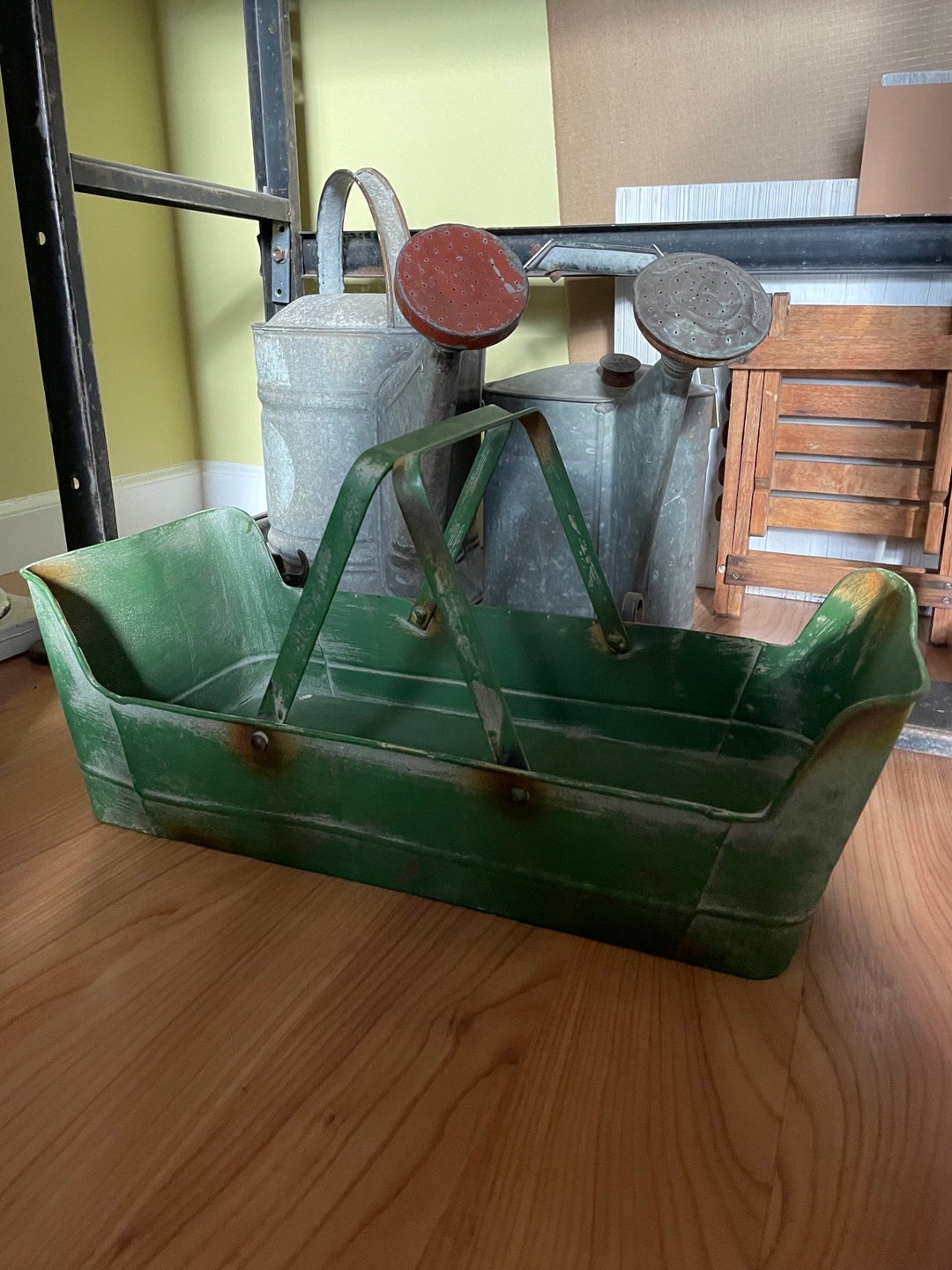 Metal Tote . Handled Basket . Vintage Look . Green . Farmhouse / Garden ...