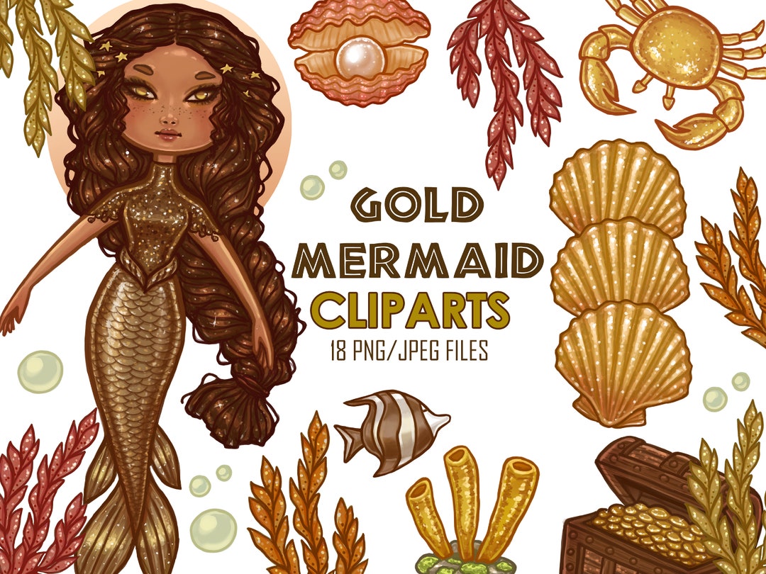 Pretty Gold Mermaid Sea Shell Ocean Clipart Images Digital ...