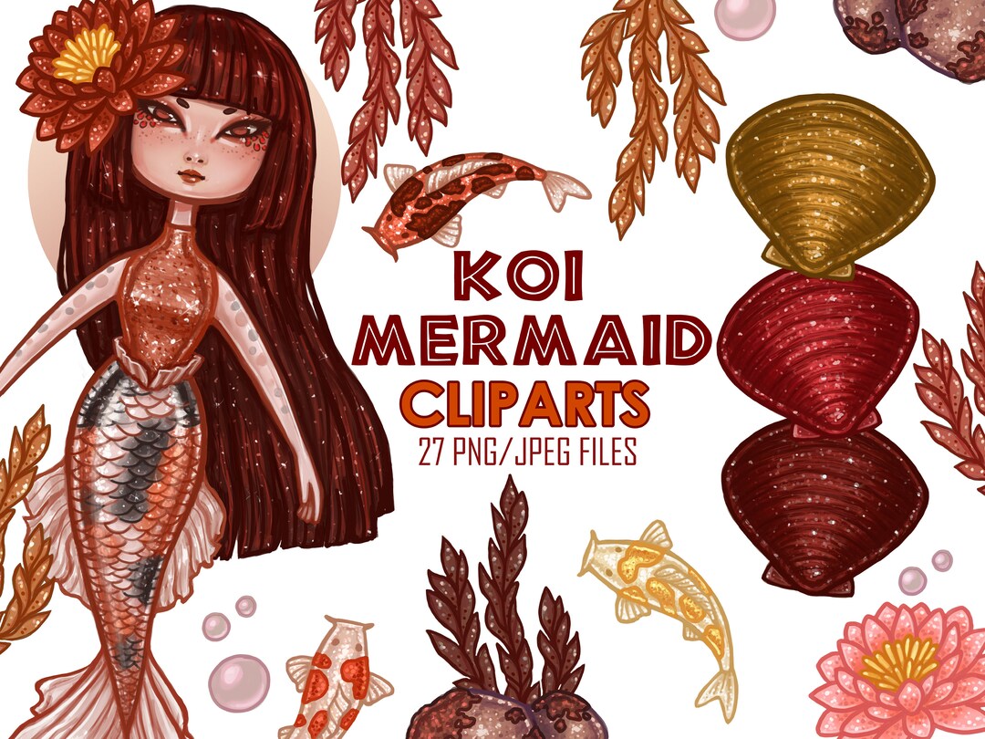 Pretty Koi Mermaid Sea Shell Ocean Clipart Images Digital Illustrations ...