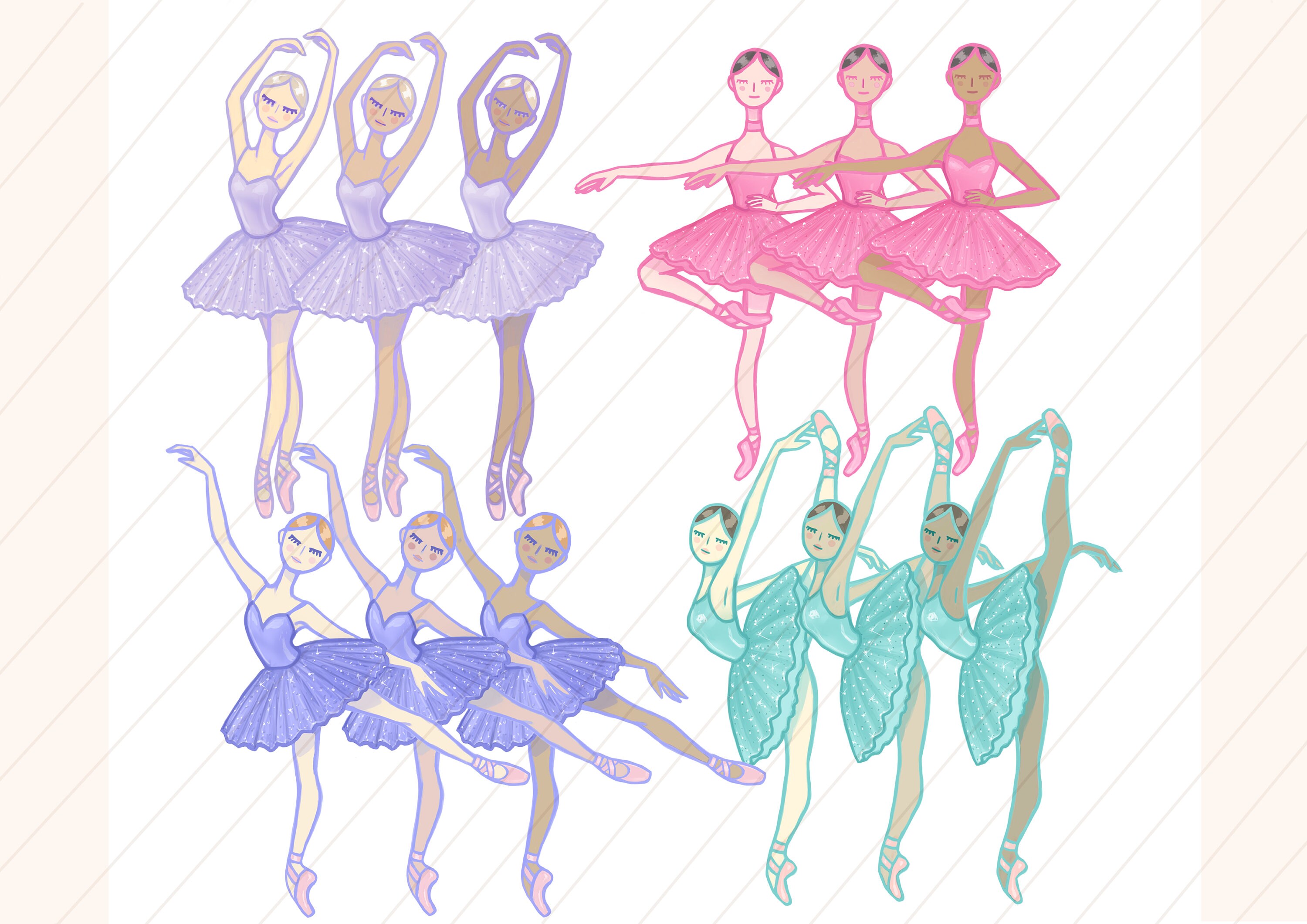 Ballerinas Ballet Dancers Pastel Tutus Clipart Digital Illustration ...