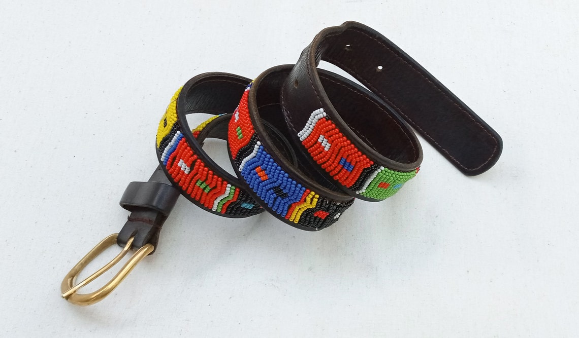Leather beaded belt men belt Africa leather belt Kenya | Etsy
