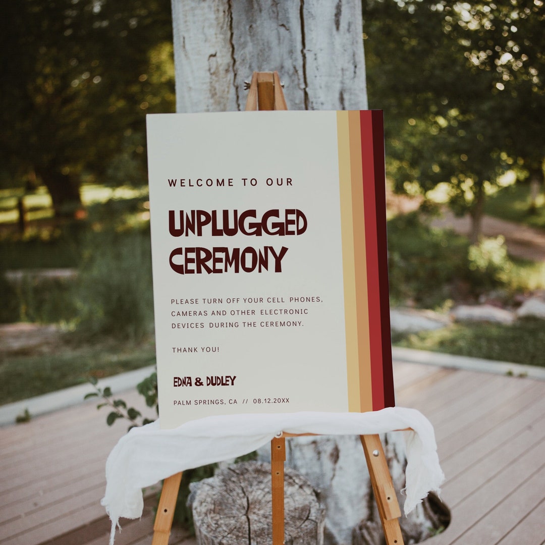 Unplugged Ceremony Sign, Retro Mid Century Wedding Editable Template ...