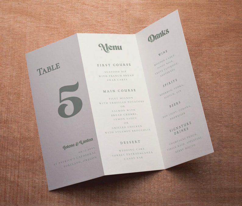 Sage Green Trifold Menu Template, Printable Menu With Table Number ...