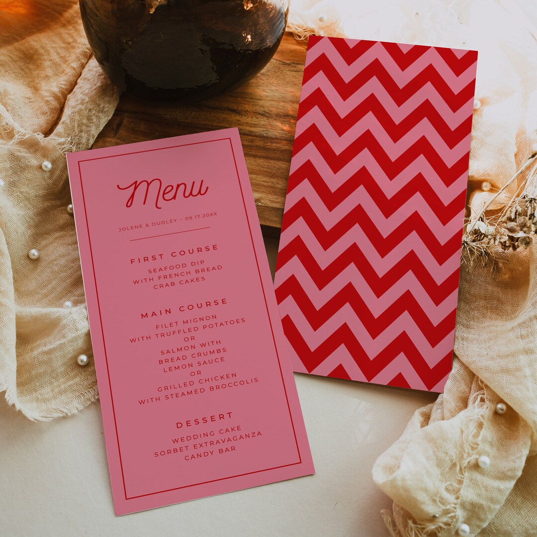 Editable Pink and Red Wedding Menu Card Template Digital Download ...