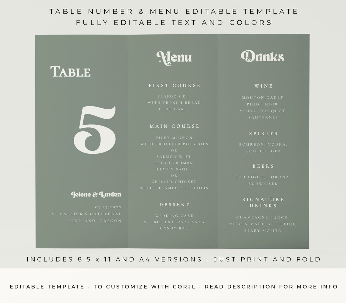 Sage Green Trifold Menu Template Printable Menu With Table - Etsy