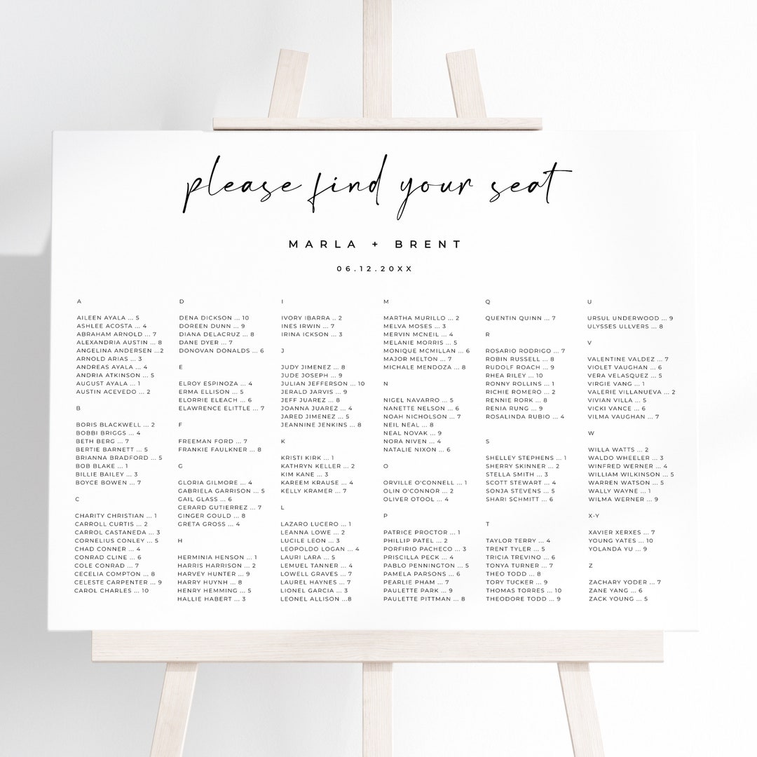 Alphabetical Seating Chart Template, Wedding Seating Plan, Printable ...