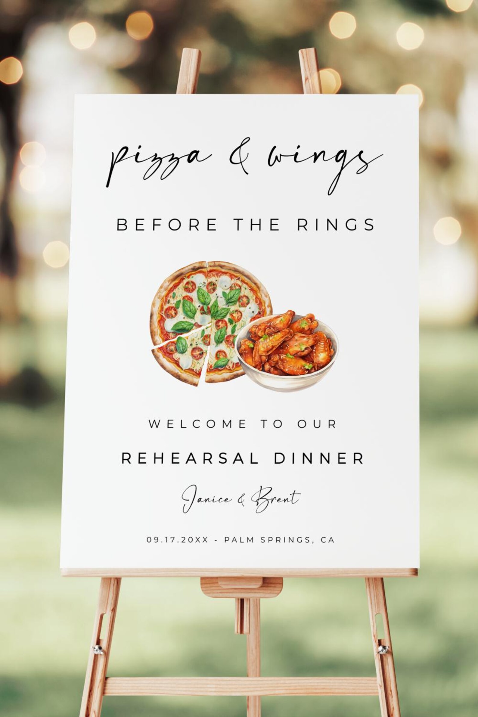 Pizza and Wings Before the Rings Rehearsal Dinner Welcome Sign, Couples ...
