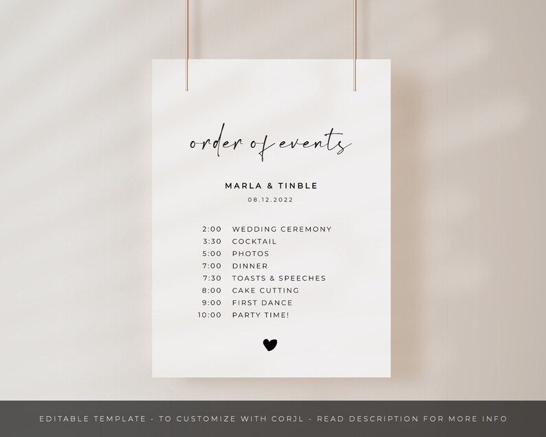 Order of Events Sign Template Wedding Timeline Editable File - Etsy