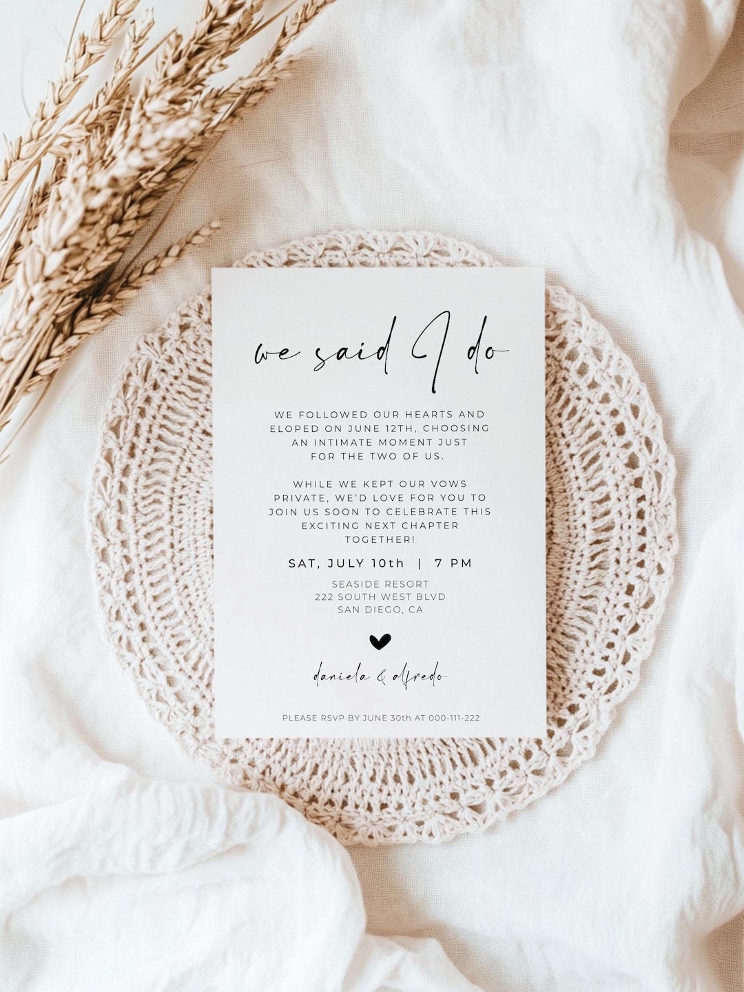 We Said I Do Elopement Invitation, Wedding Announcement Printable Card ...