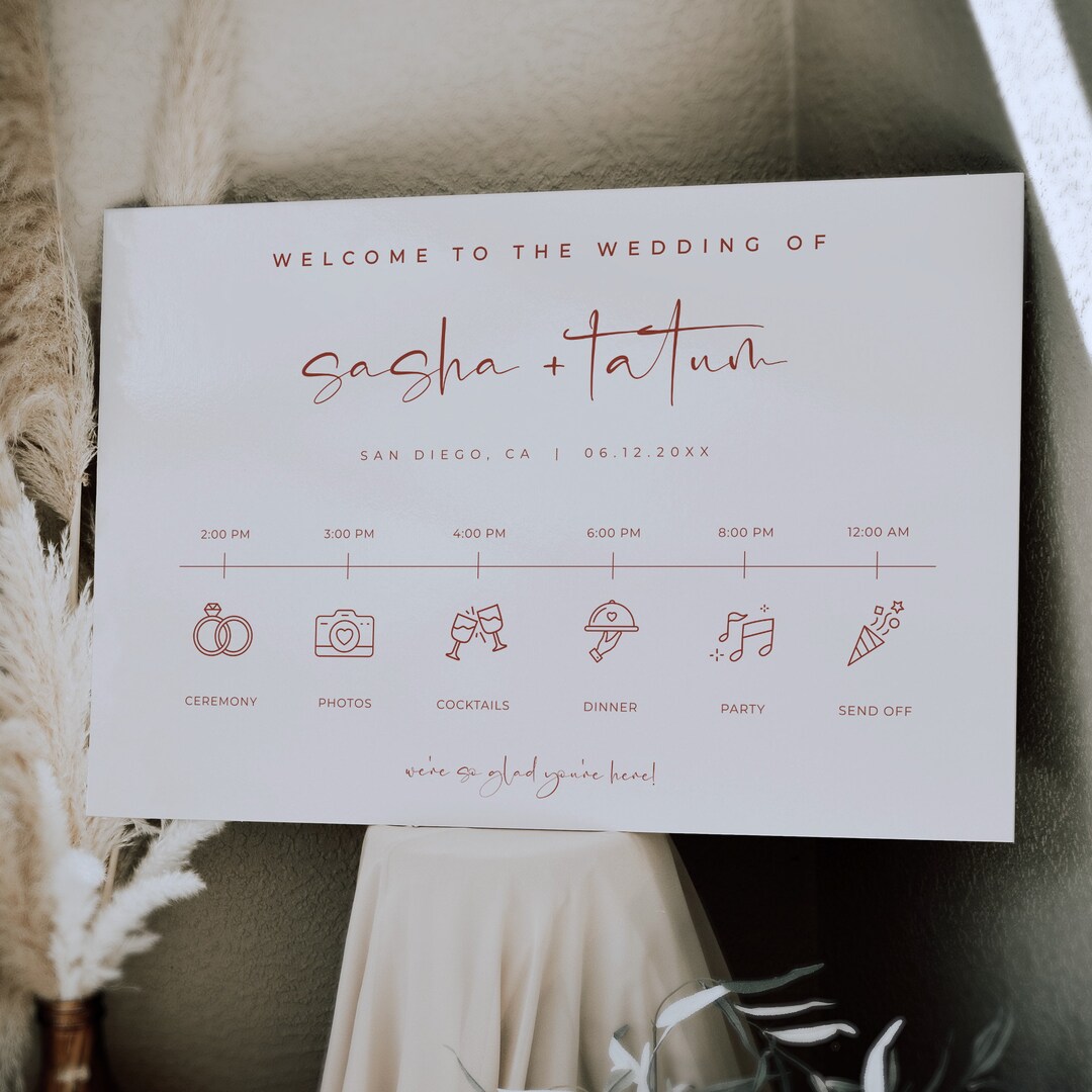 Elegant Pastel Wedding Day Timeline Welcome Sign Editable Template ...