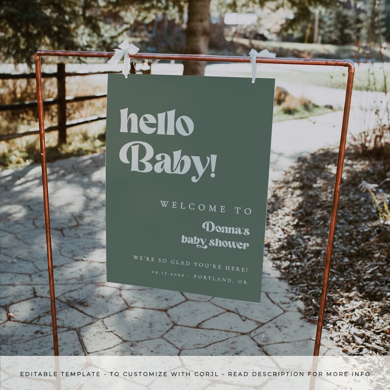 Sage Green Baby Shower Welcome Sign Editable Template Hello - Etsy