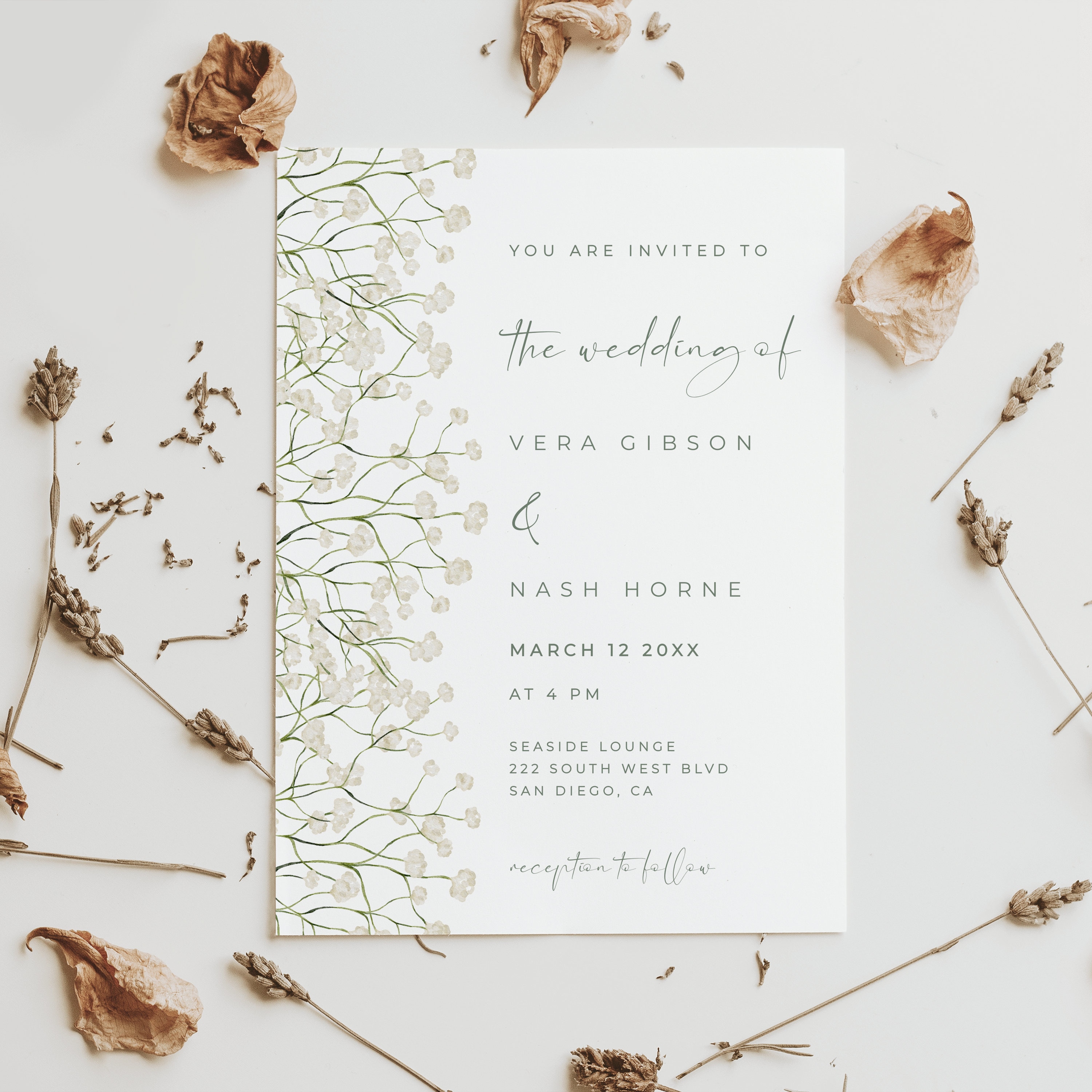 Baby's Breath Wedding Invitation, Floral Watercolor Invitation Template ...