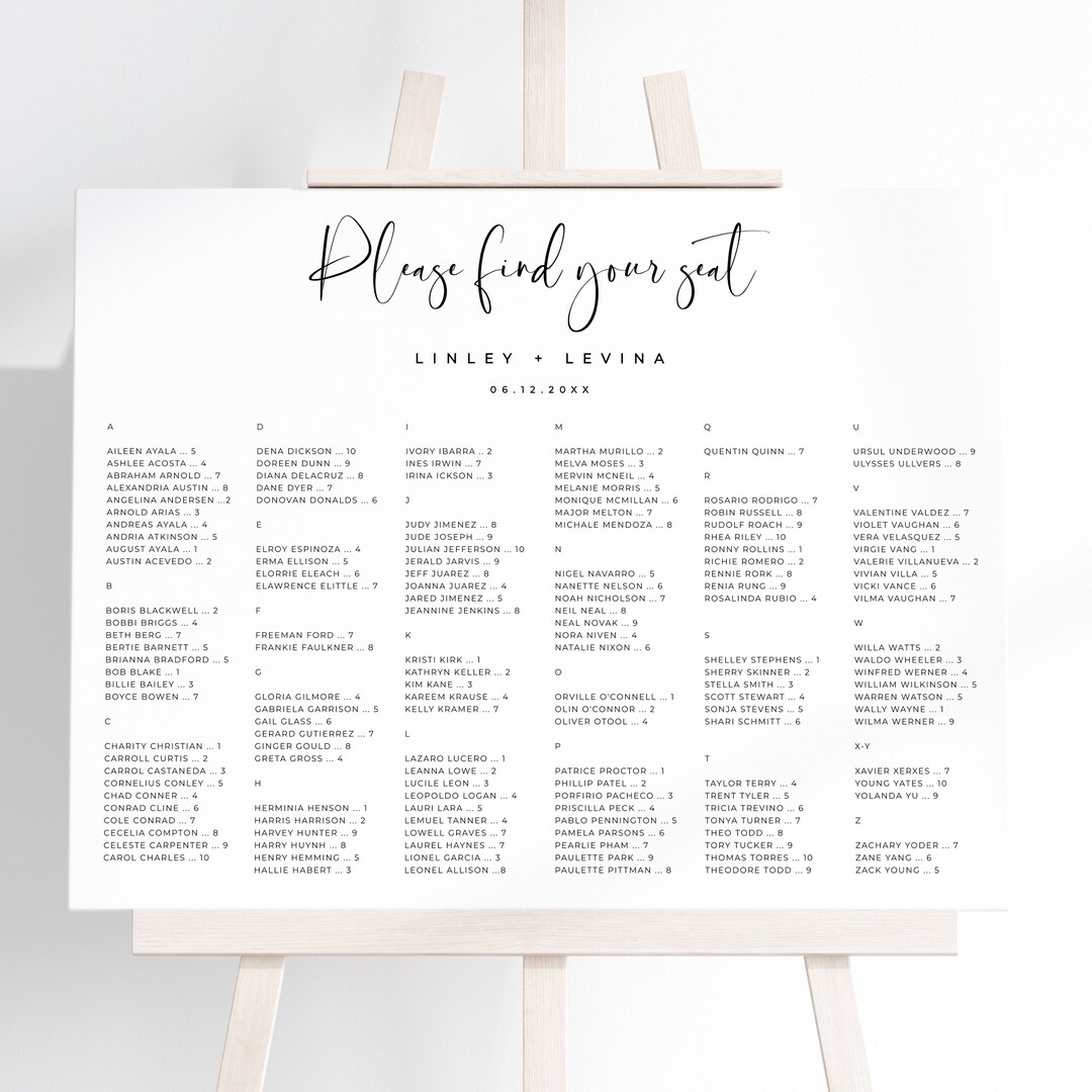 Alphabetical Seating Chart Template, Seating Plan, Printable Sign ...