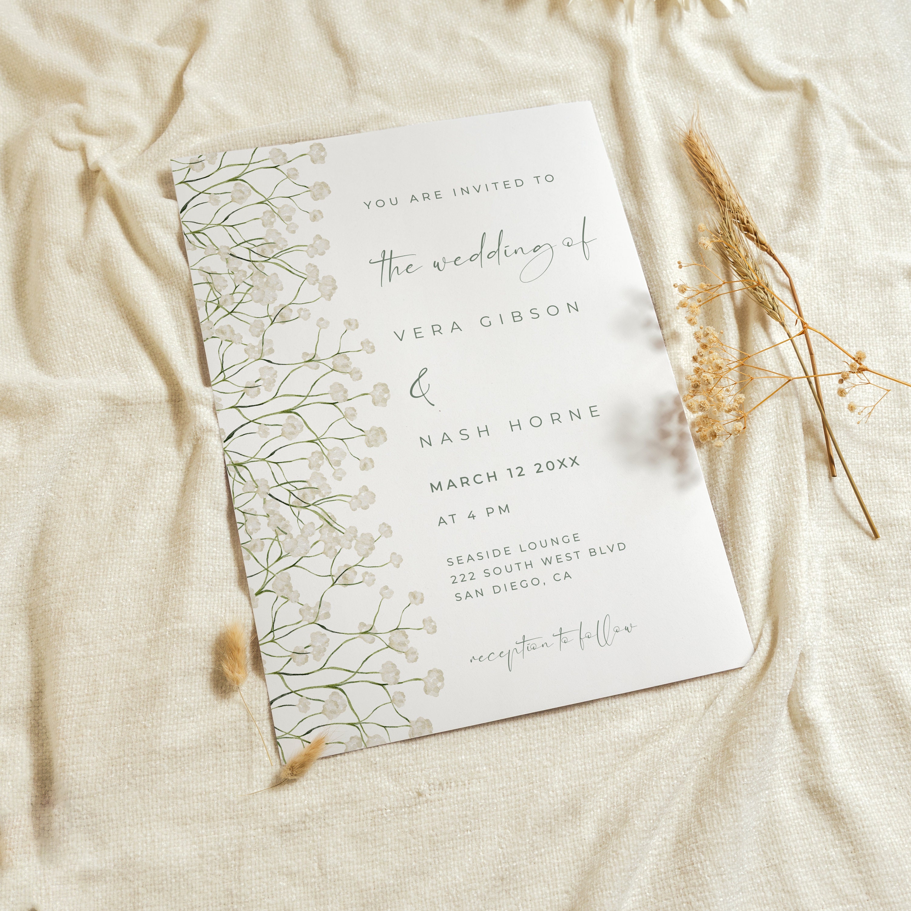 Baby's Breath Wedding Invitation, Floral Watercolor Invitation Template ...