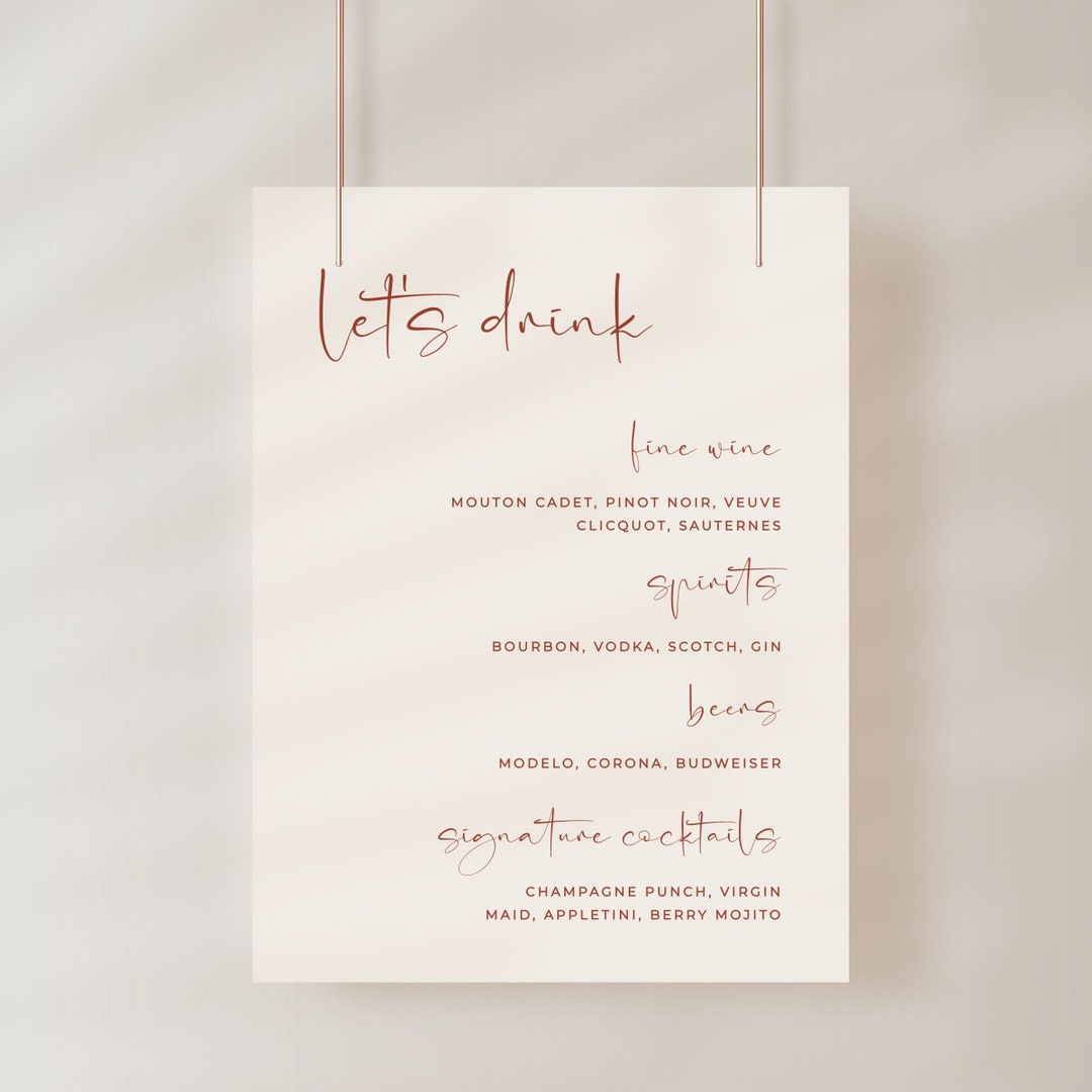 Bar Menu Template, Wedding Bar Sign, Editable Template, Modern ...