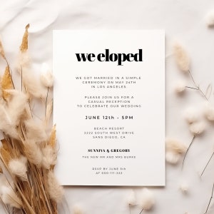 We Eloped, Elopement Announcement, Wedding Reception Invitation ...
