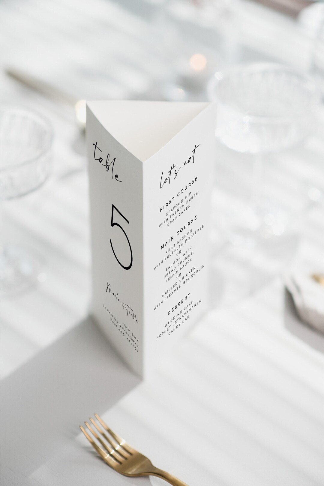 Trifold Wedding Menu Template, Modern Minimalist Table Number, Triangle ...