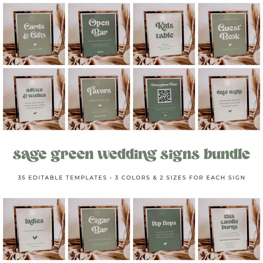 Sage Green Wedding Signs Bundle, Printable Signage Template, Elegant ...
