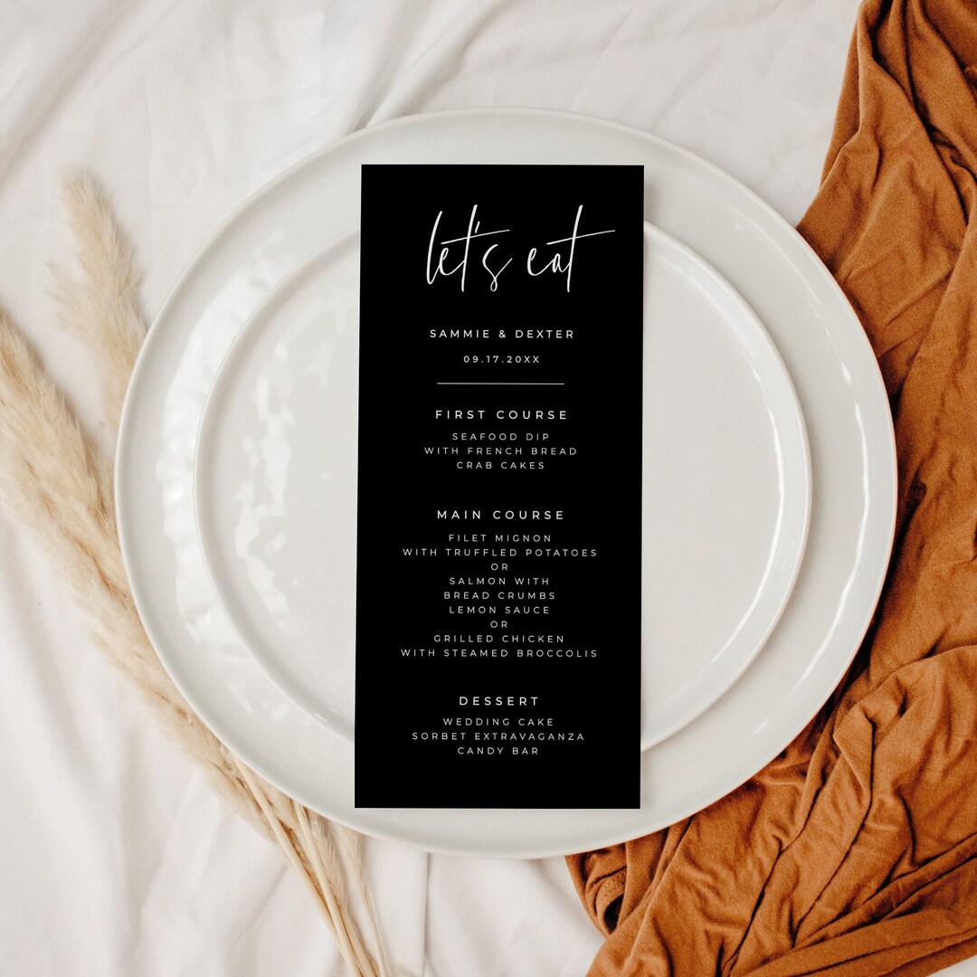 Black Menu Cards for Wedding, Let's Eat Wedding Menu Editable Template ...